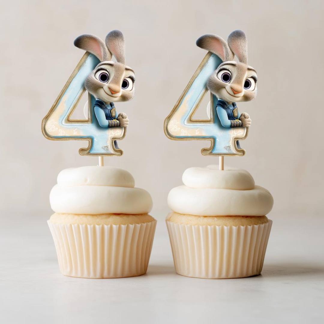 Zootopia Cupcake Toppers, Judy Number 4, Watercolor Birthday (digital ...