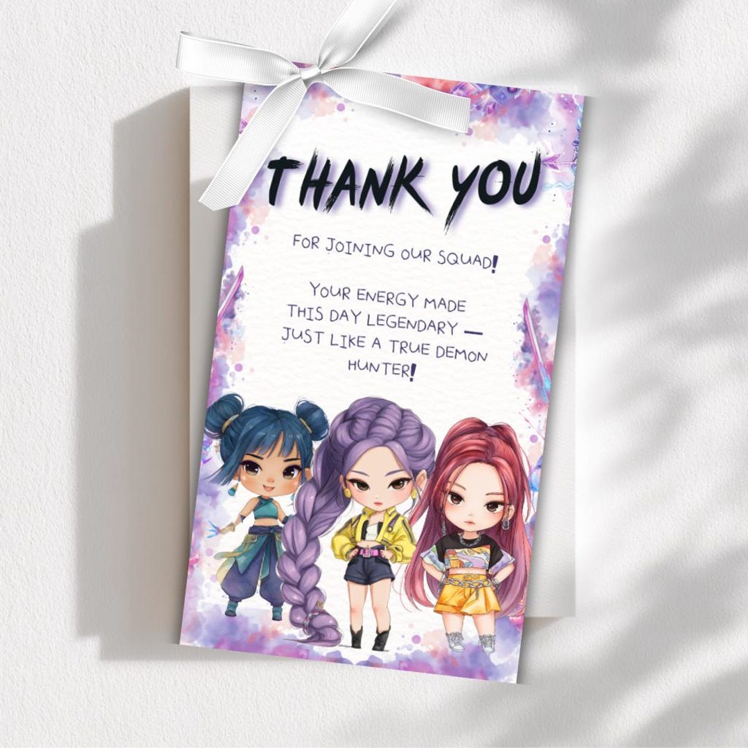 Kpop Demon Hunters Thank You Card Favor Tag: Editable, Watercolor Theme ...