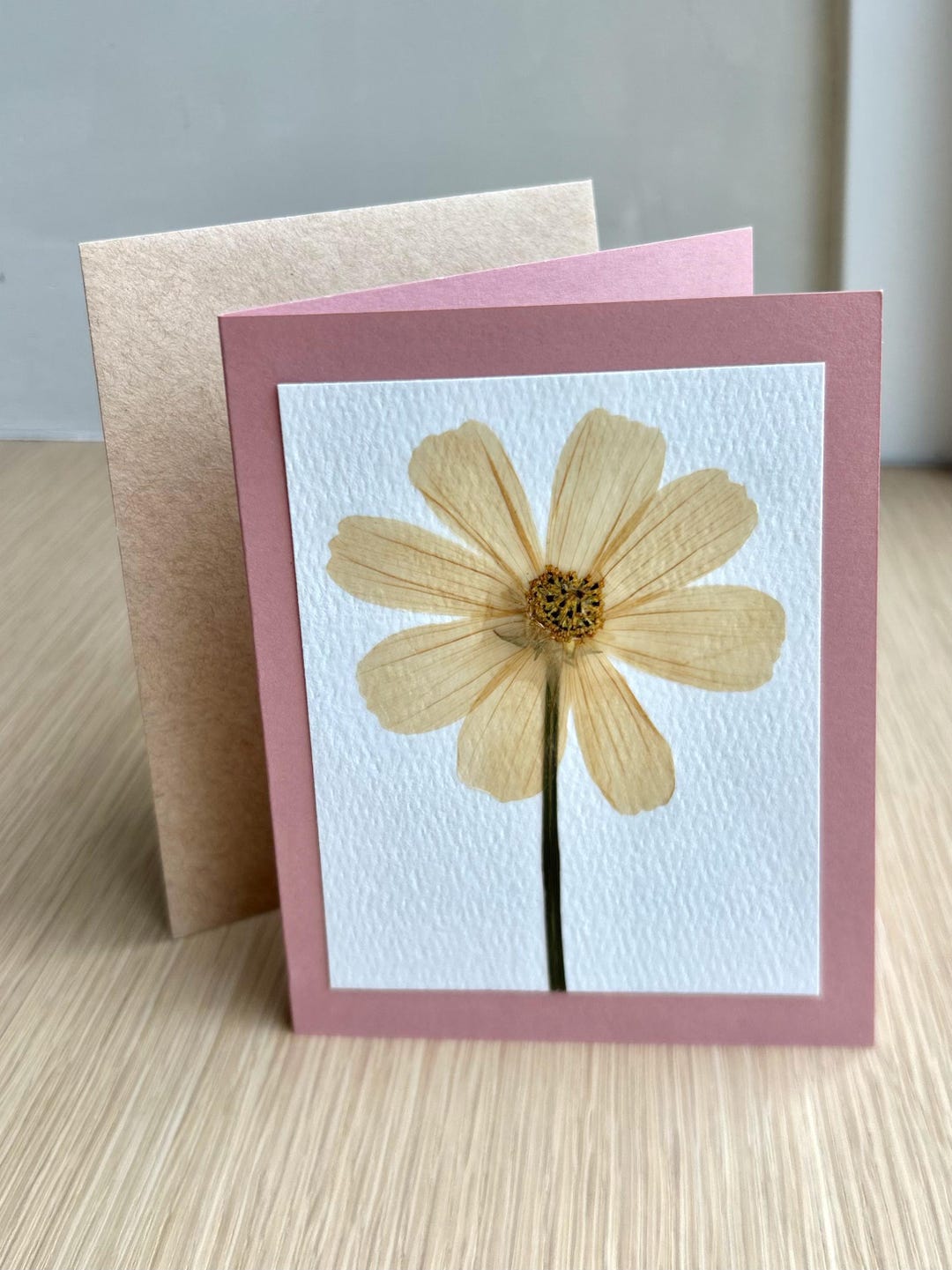 Pressed Cosmos Flower Card: Handmade Botanical Art - Dusty Rose - Etsy