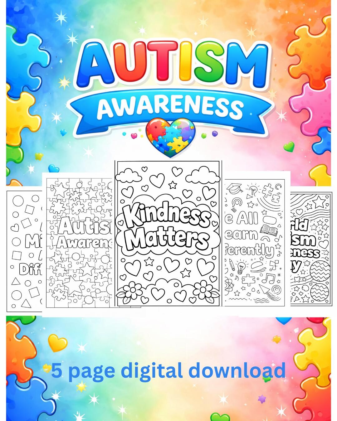 Autism Awareness Coloring Pages L 5 Page Digital Download - Etsy