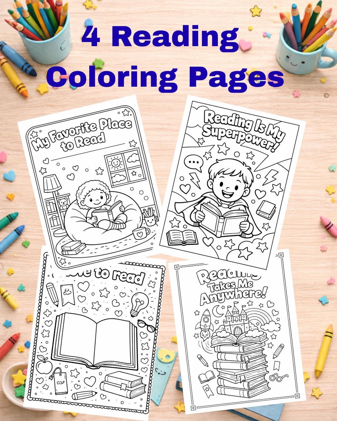 Reading Coloring Pages | Kids Book Activity (4 Page Download) - Etsy