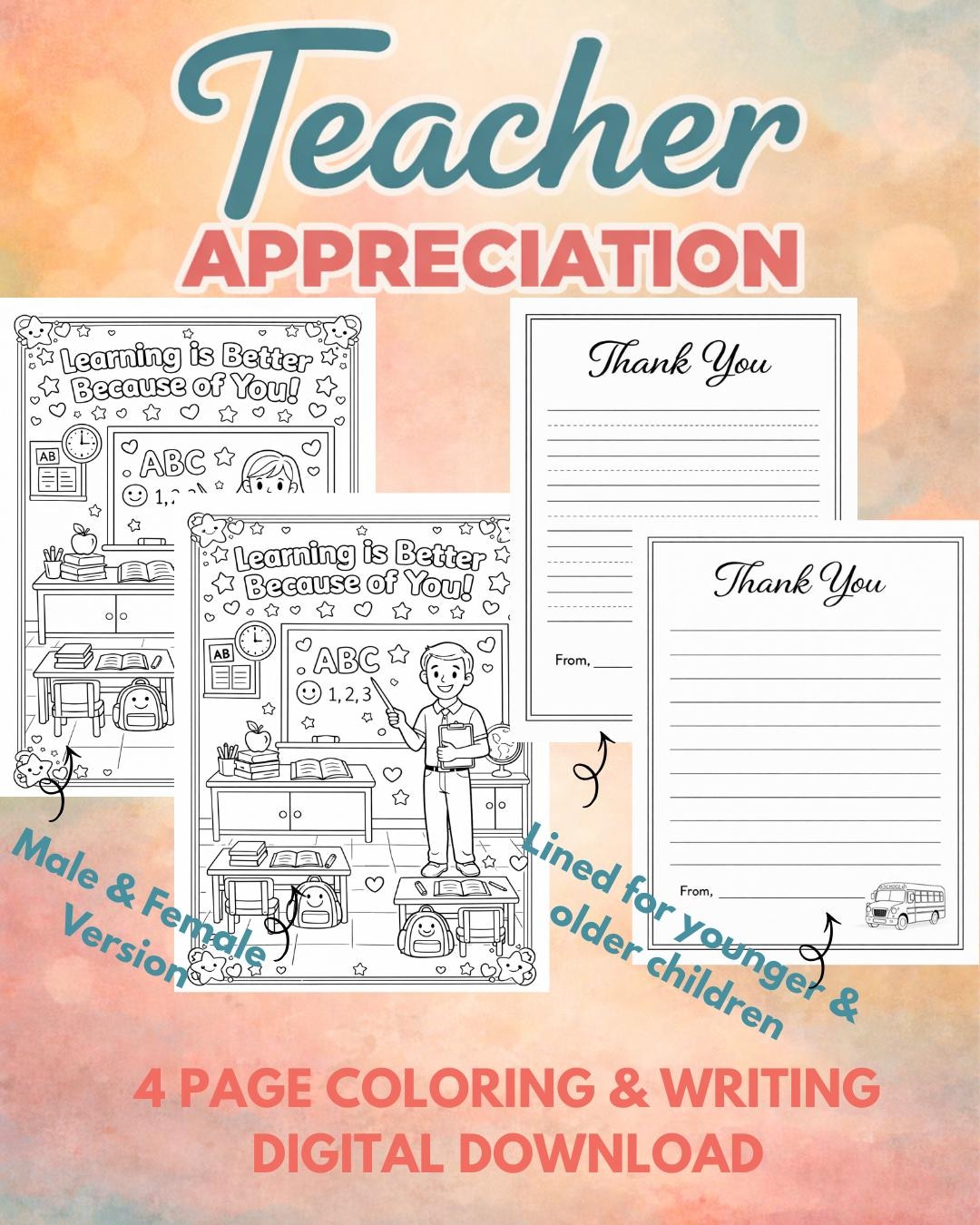 Teacher Appreciation Coloring & Writing Activity L 4 Page Digital ...