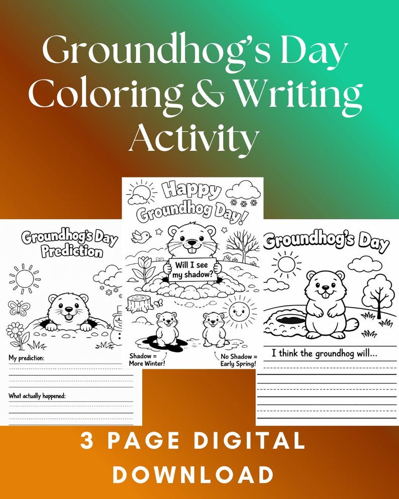 Groundhog's Day Coloring & Writing Activity L 3 Page Digital Download ...