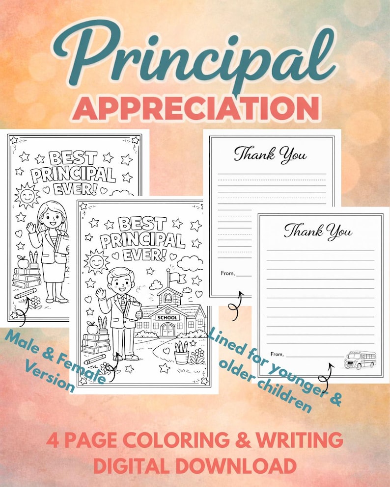 School Principal Appreciation Coloring & Writing Activity L 4 Page ...