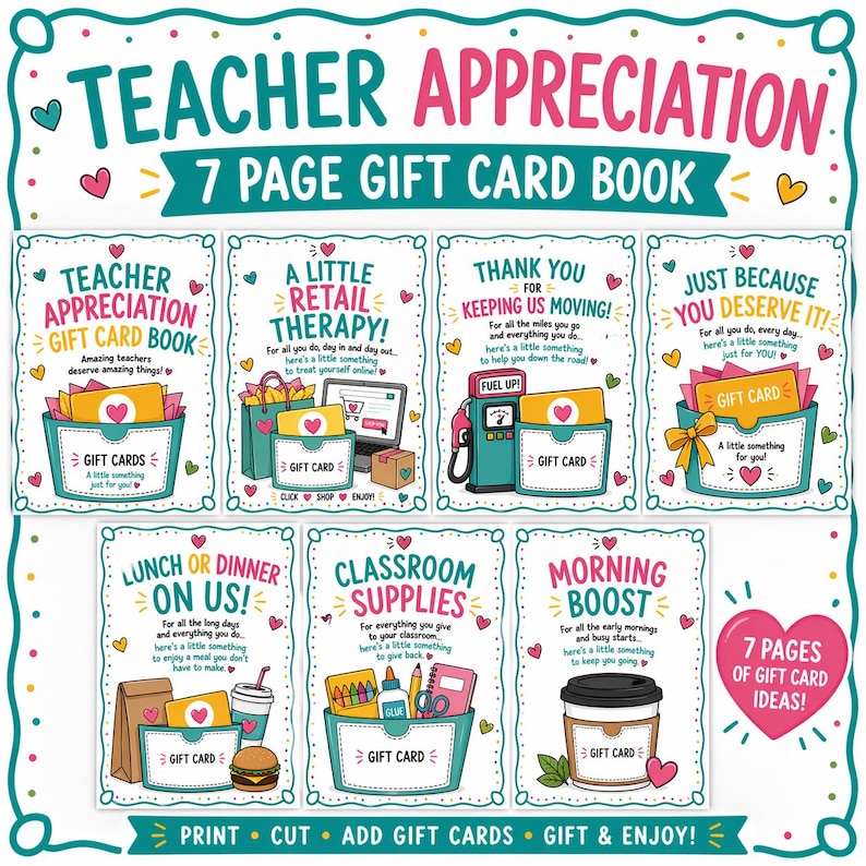 Teacher Appreciation Gift Card Book, Printable Thank You Gift Holder (7 ...