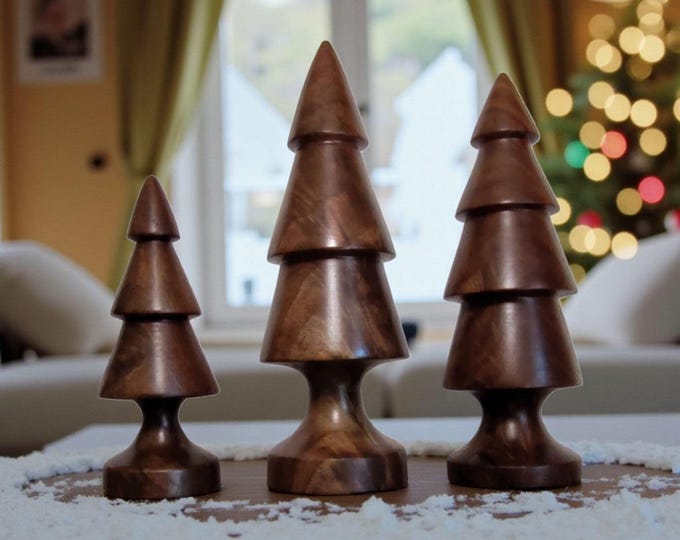 Wooden Christmas Trees - Lathe Turned - Walnut Wood Evergreen Tree Trio ...