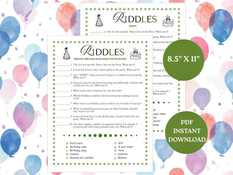 Birthday Riddle Game for Kids Adults Seniors, Printable PDF Instant ...