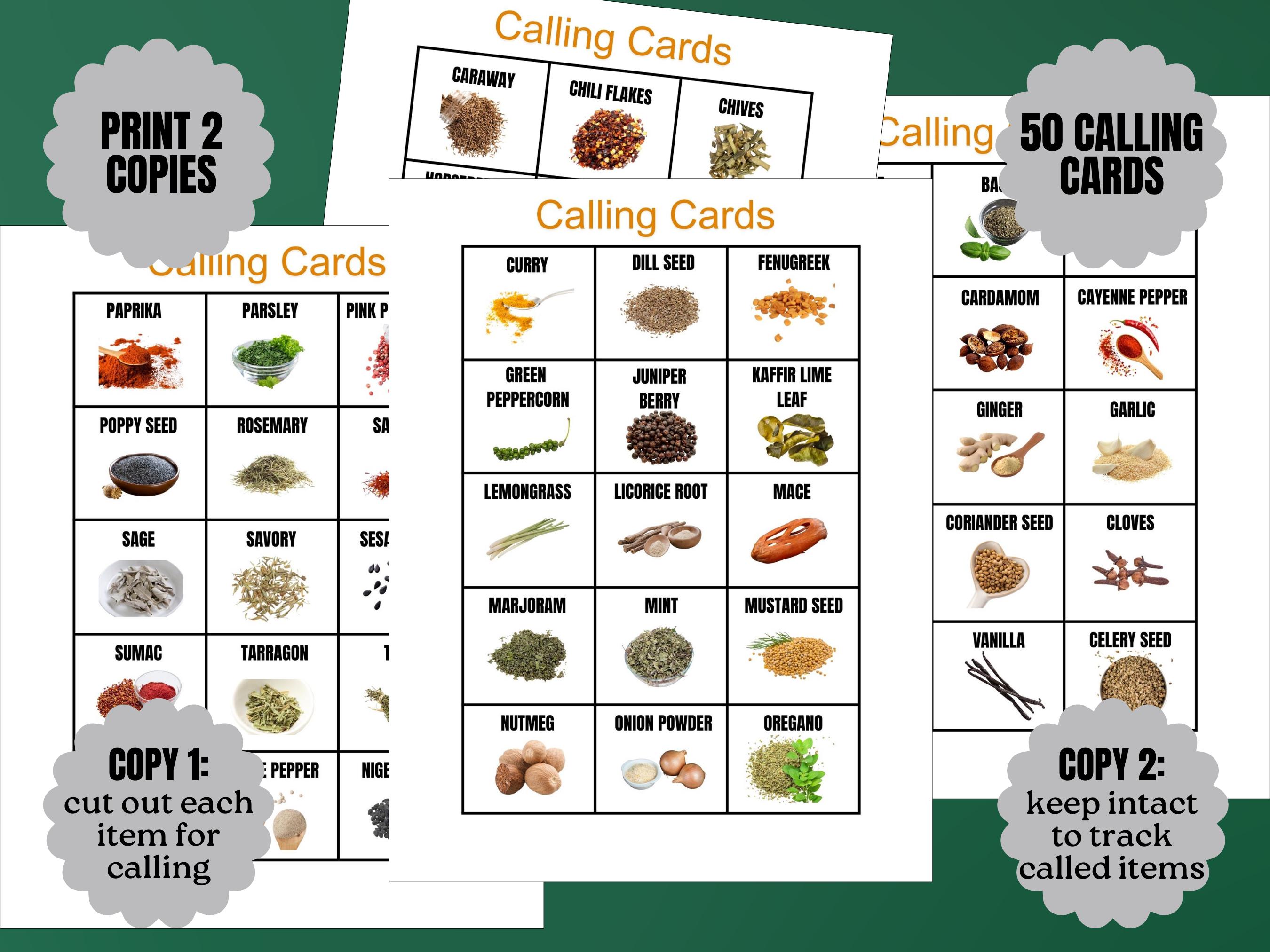 Herbs Spices Bingo Printable Game for Kids Seniors Adults , 50 Cards ...