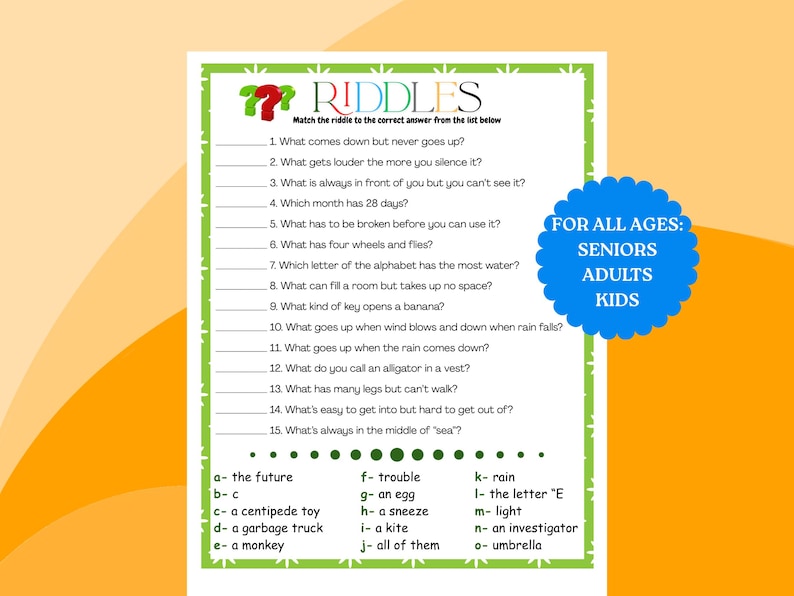 Printable Riddle Game Fun Brain Teasers for Seniors, Adults, Kids PDF ...