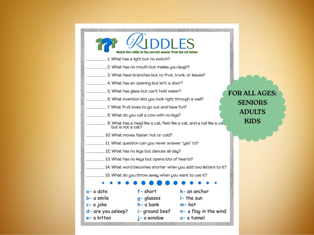 Printable Riddle Game for Kids Adults Seniors, Fun Brain Teasers ...