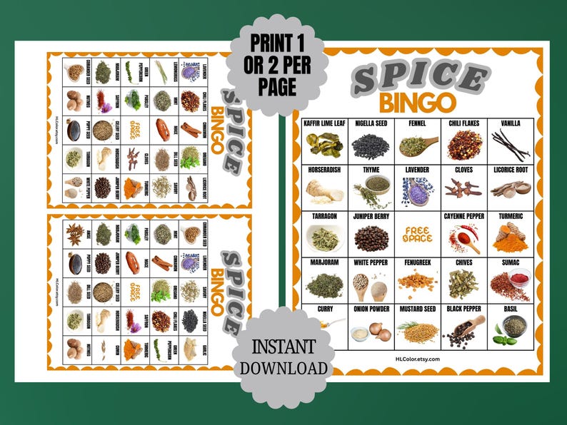 Herbs Spices Bingo Printable Game for Kids Seniors Adults , 50 Cards ...