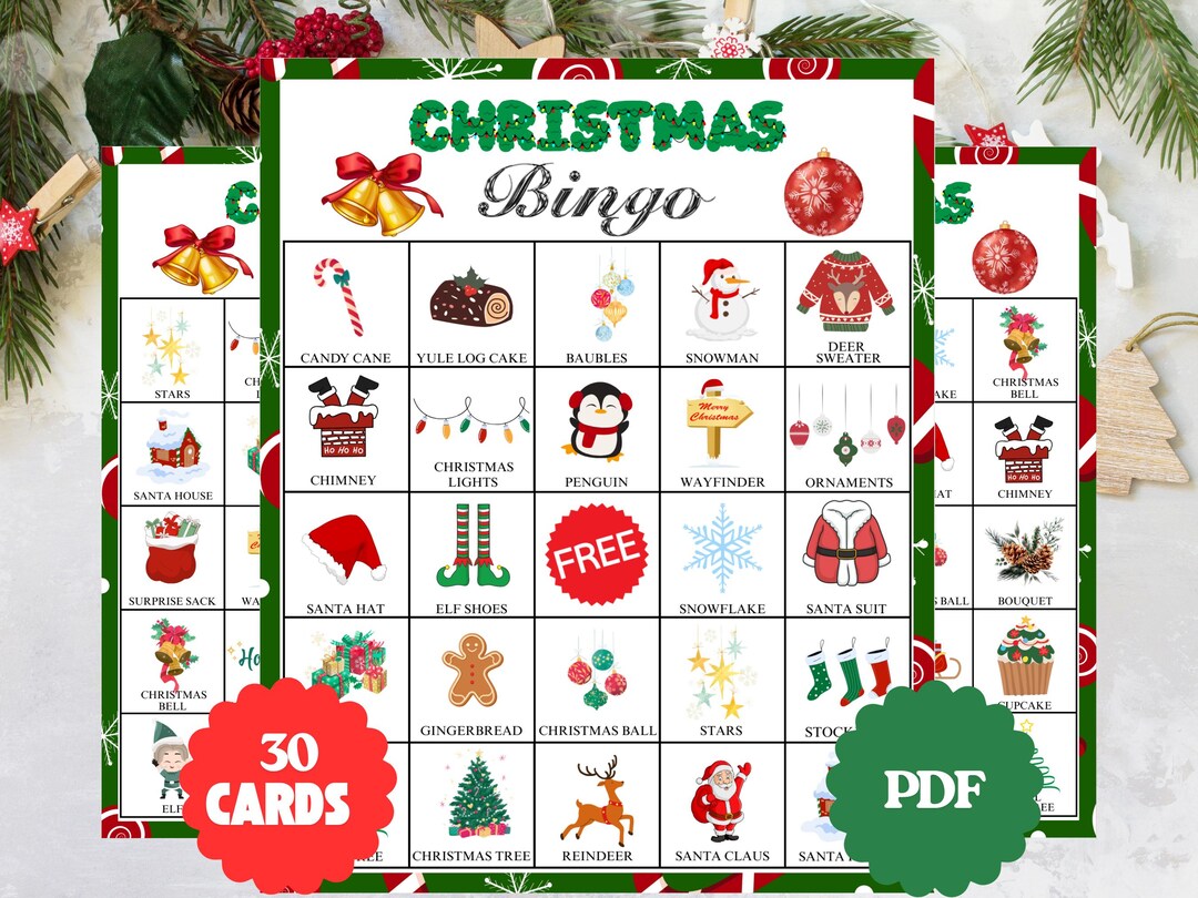 Printable Christmas Bingo Game, 30 Cards + 40 Calling Cards + Tokens ...