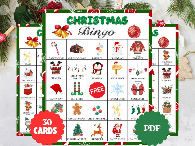 Printable Christmas Bingo Game, 30 Cards + 40 Calling Cards + Tokens ...