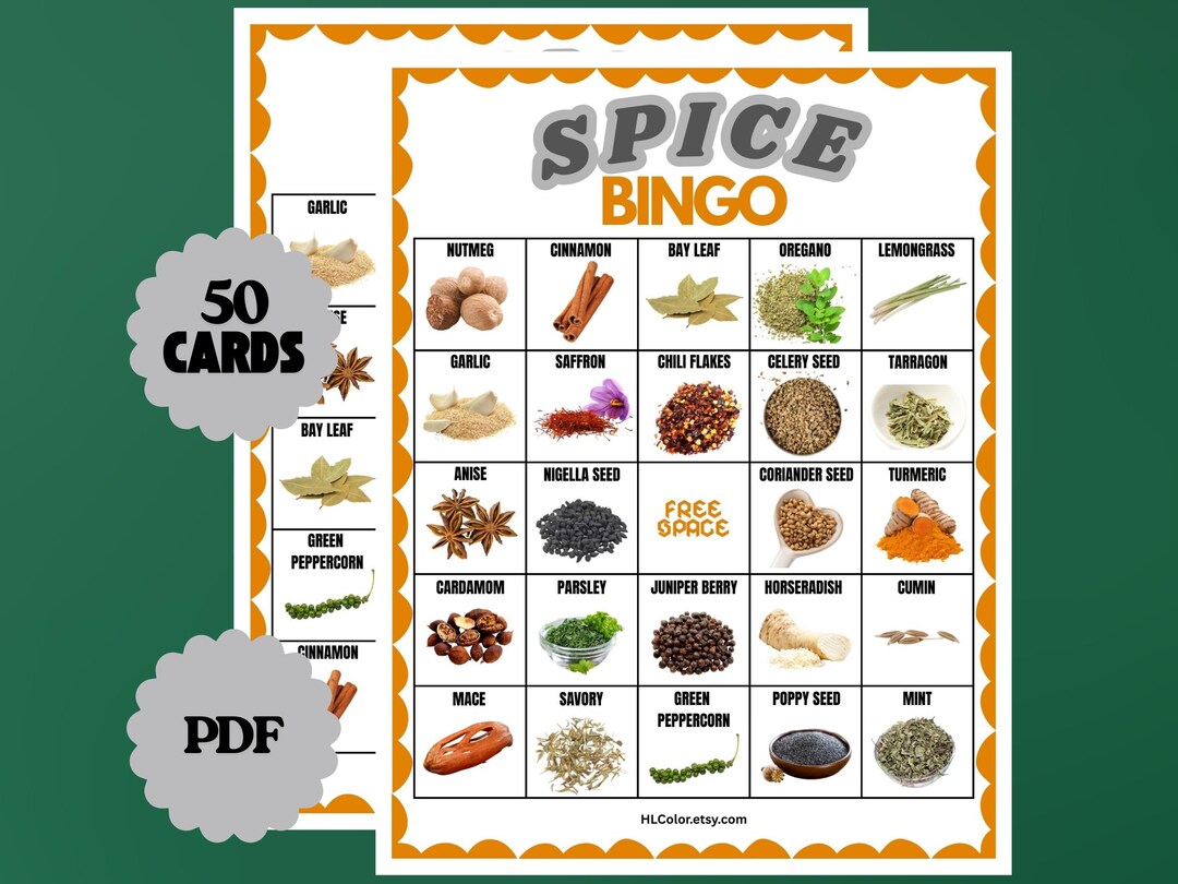 Herbs Spices Bingo Printable Game for Kids Seniors Adults , 50 Cards ...
