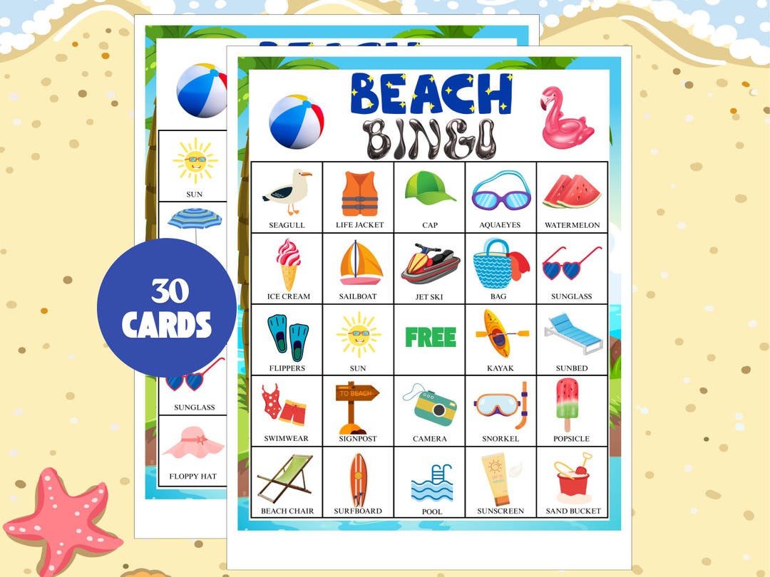 Beach Bingo Printable Summer Activity for Kids Adults, 30 Unique Cards ...