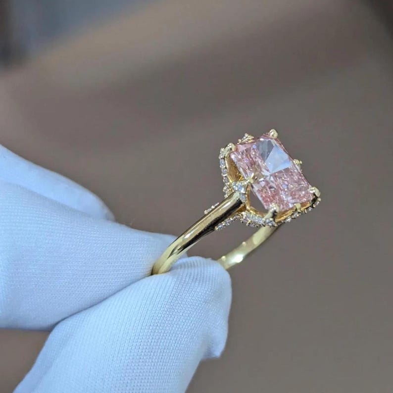 3.00 CT Radiant Cut Pink Lab Diamond 14K Gold Engagement Ring - Etsy Canada