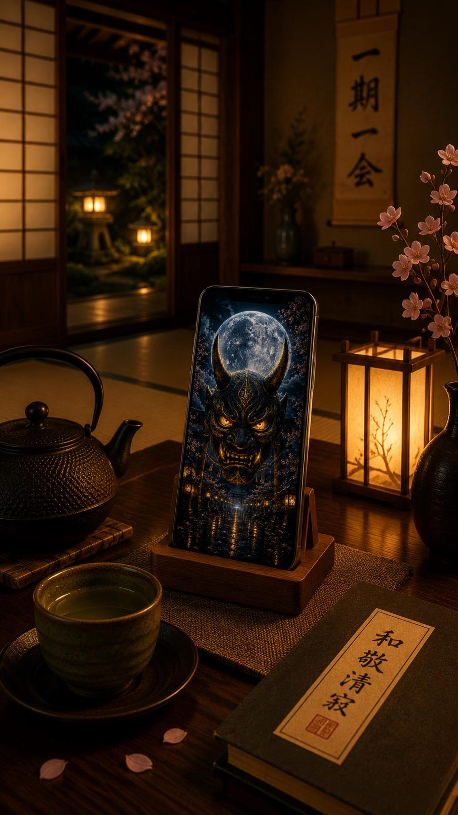 Black Oni Mask Wallpaper 4K, Japanese Demon Moon Shrine Phone Wallpaper ...