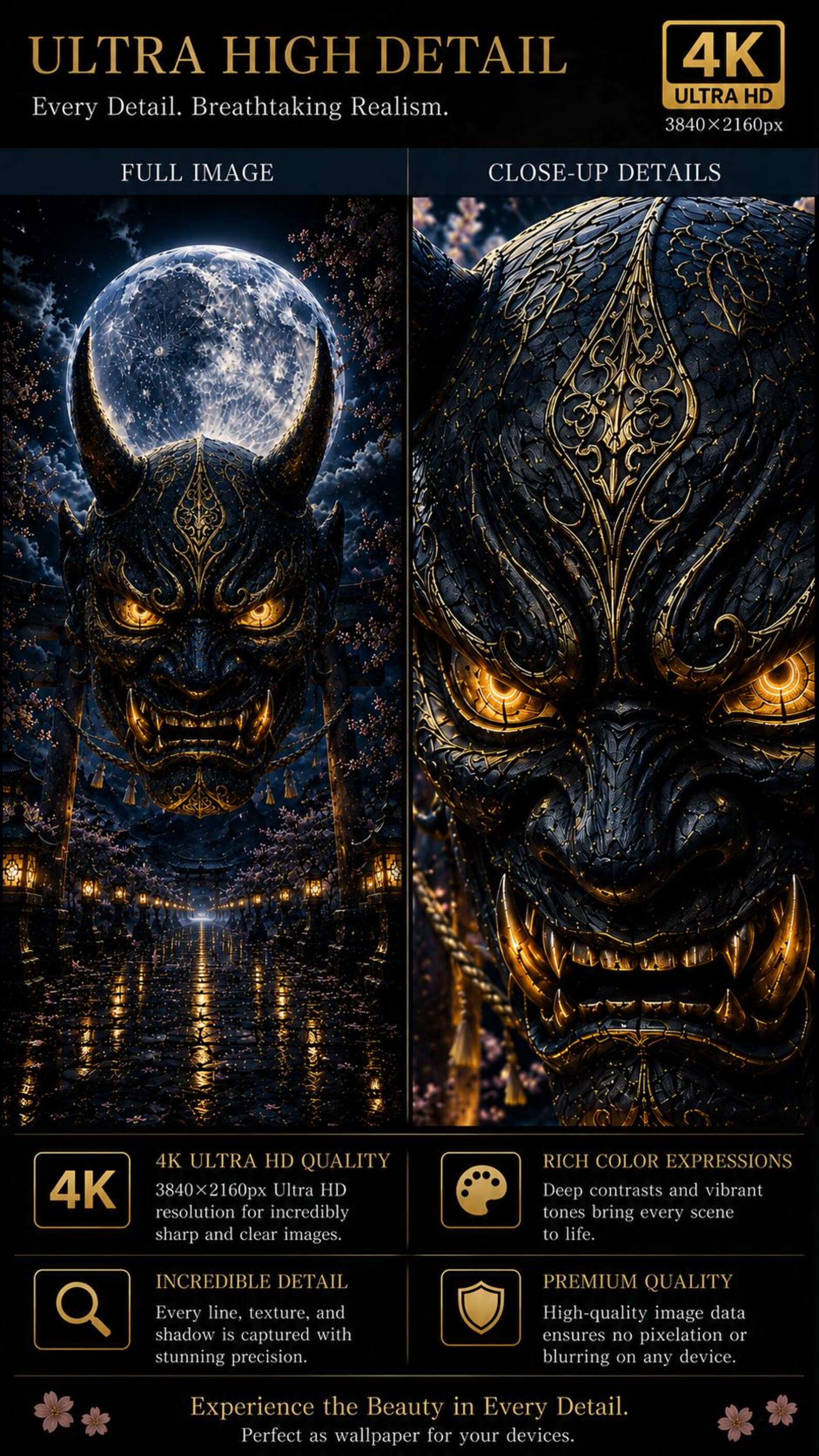 Black Oni Mask Wallpaper 4K, Japanese Demon Moon Shrine Phone Wallpaper ...