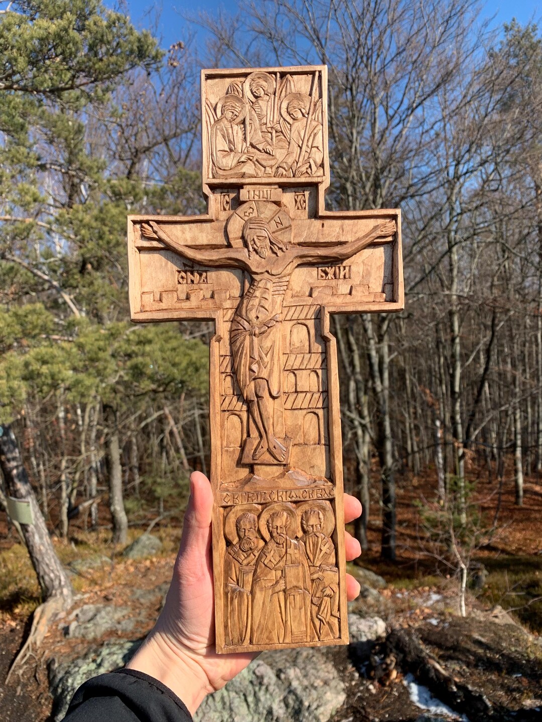 Hand-carved Wooden Orthodox Wall Cross – Crucifixion Icon, Holy Trinity ...