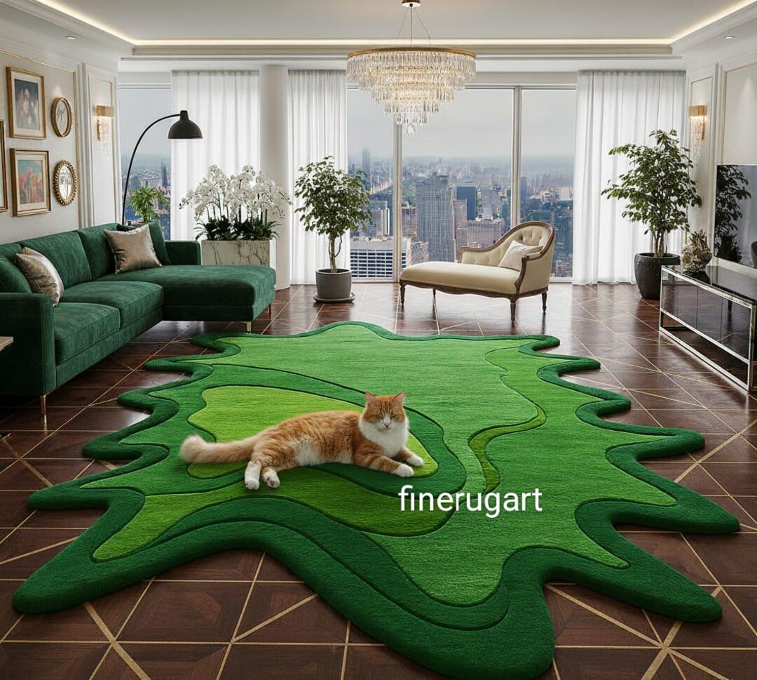 Modern Abstract Green Topographic Rug – Nature-inspired Freeform Design ...