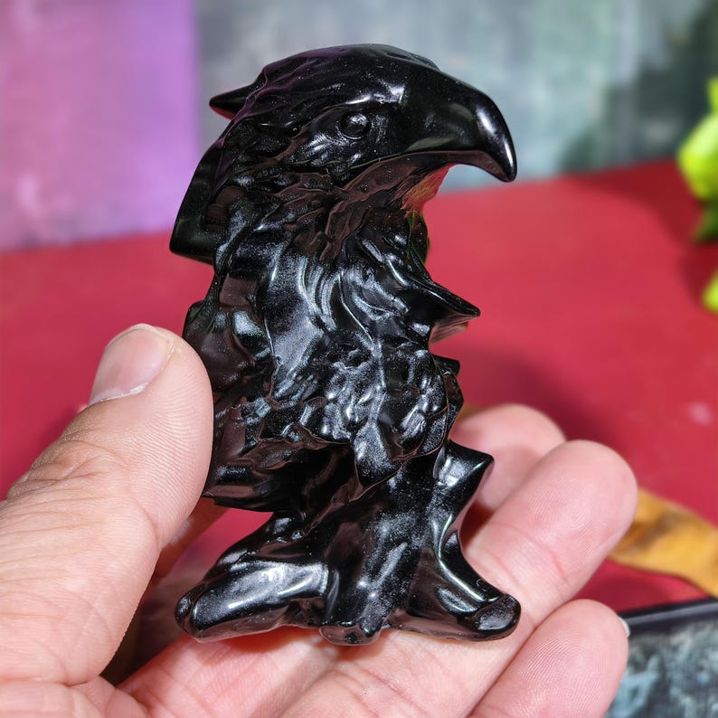 Black Obsidian Eagle Skull Sculpture: Hand-carved Crystal Bird Figurine ...
