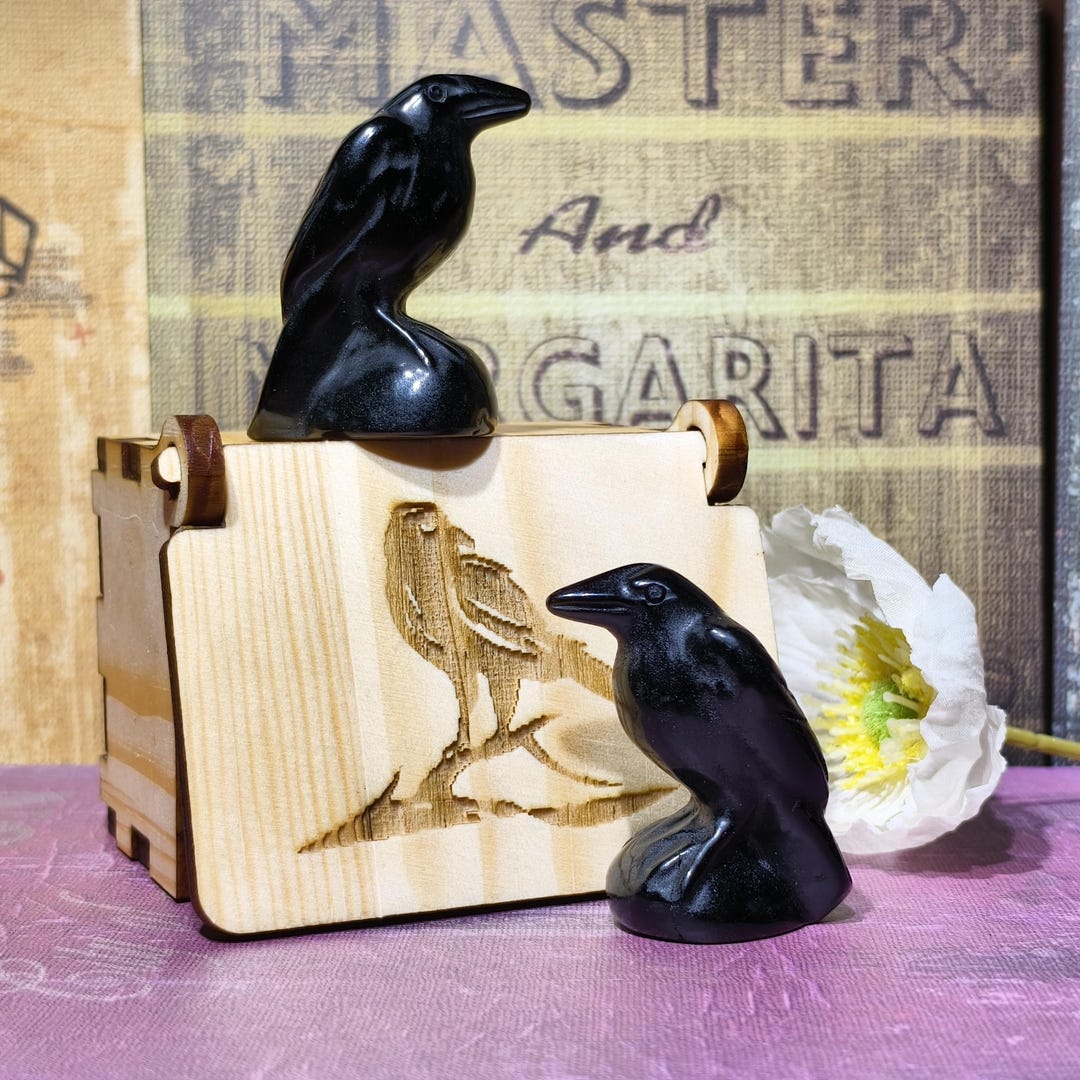 Custom Engraved Raven Wooden Box: Black Obsidian Crystal Crow Figurine ...