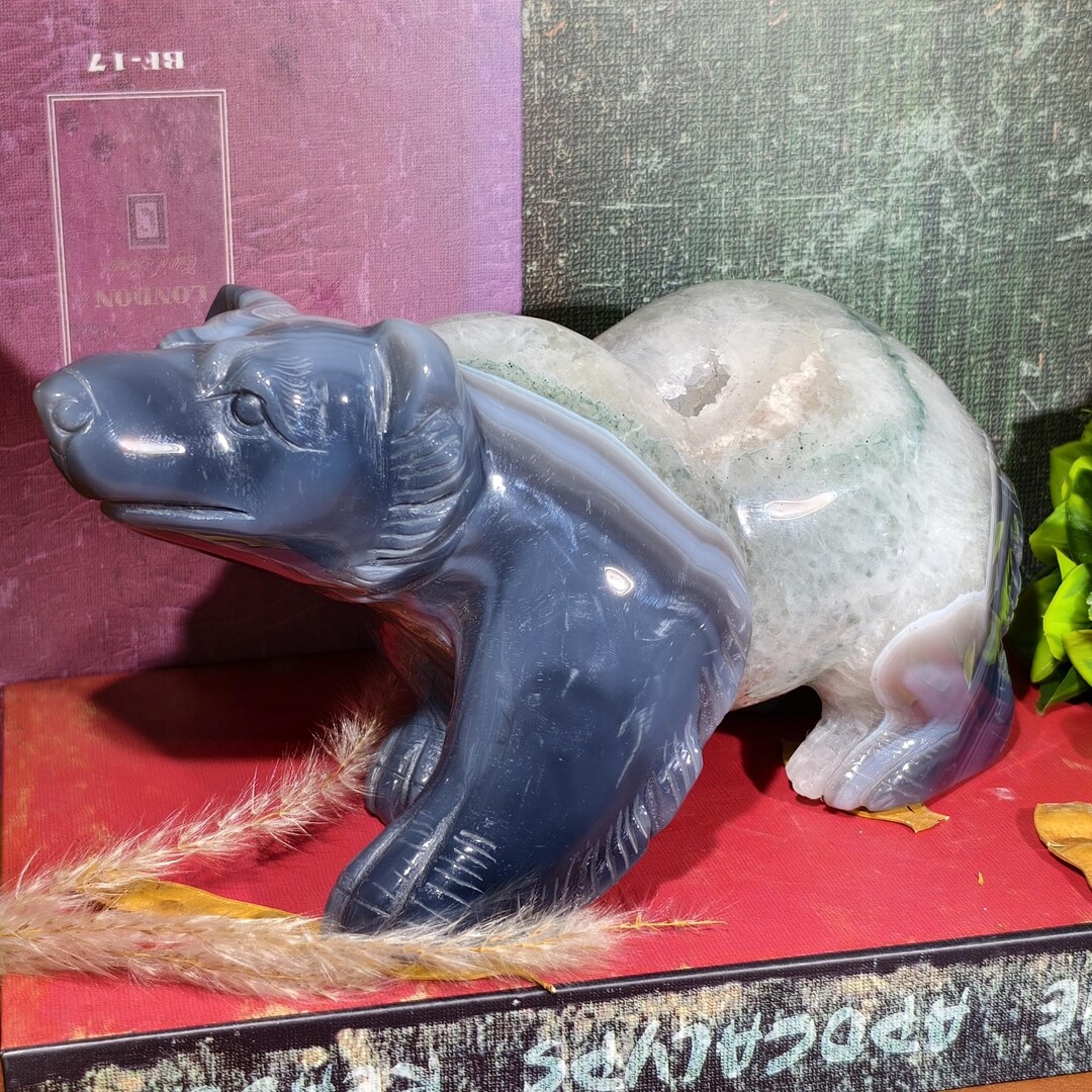 Moss Blue Agate Geode Panda Bear Sculpture: Crystal Bear Figurine, Home ...