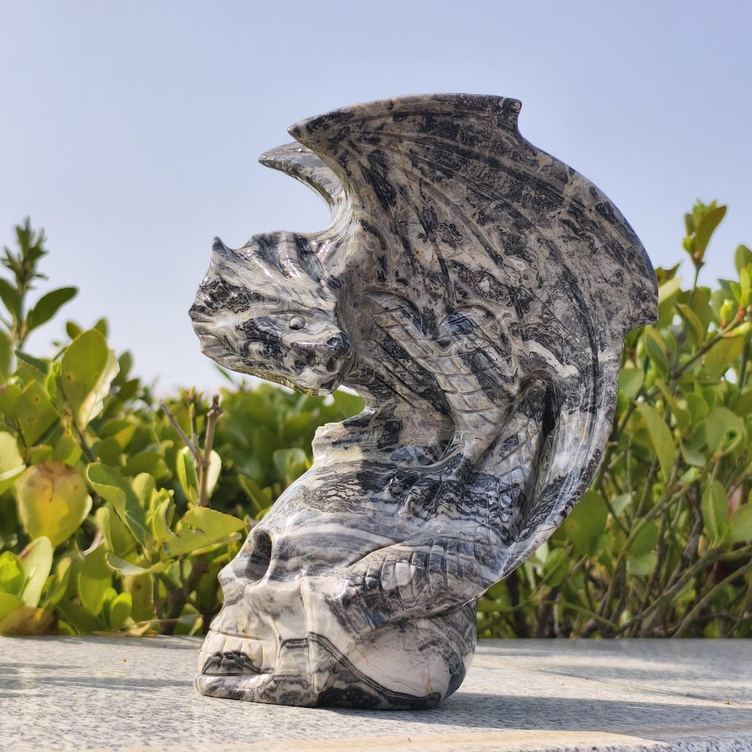 Hand-carved Picasso Stone Flying Dragon Skull Sculpture: Crystal Skull ...