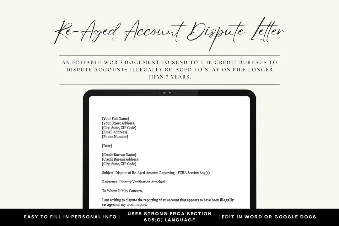 Re-aged Account Dispute Letter Template | Editable FCRA 605(c) (word ...