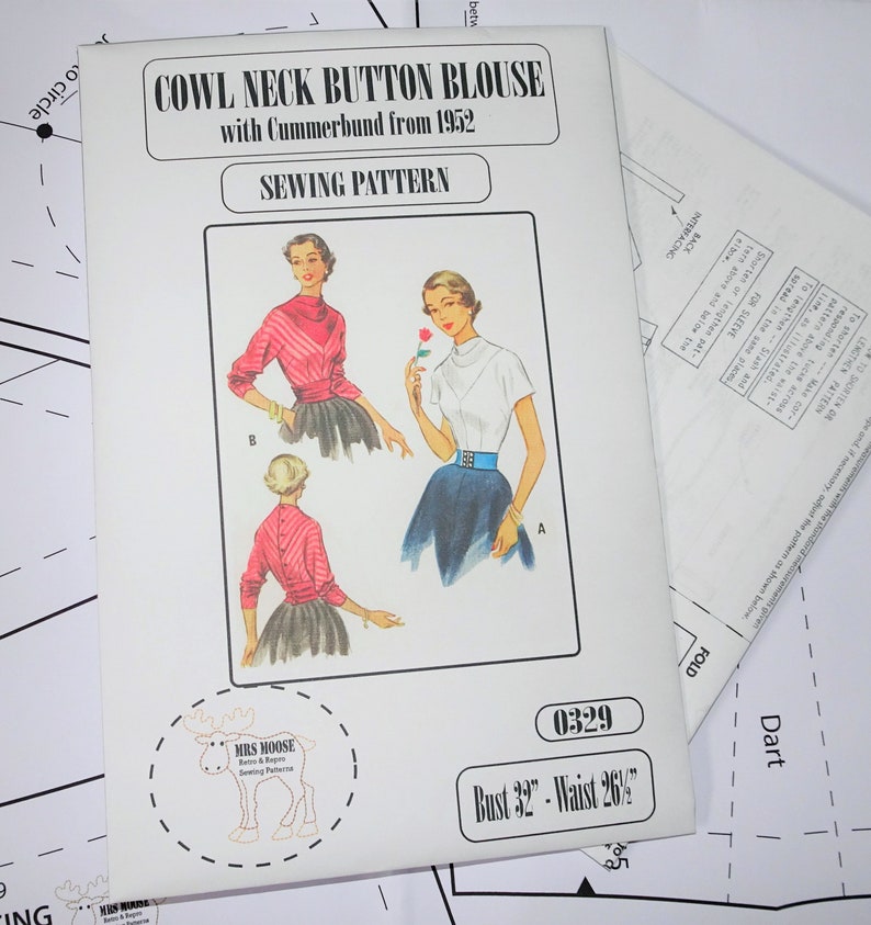 1952 Repro Sewing Pattern Cowl Neck Button Back Blouse With or Without ...