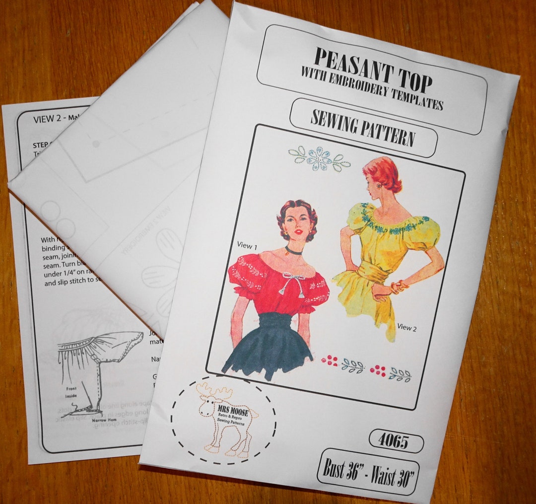 1952 Rockabilly Peasant Gypsy Top Blouse Sewing Pattern With Embroidery ...