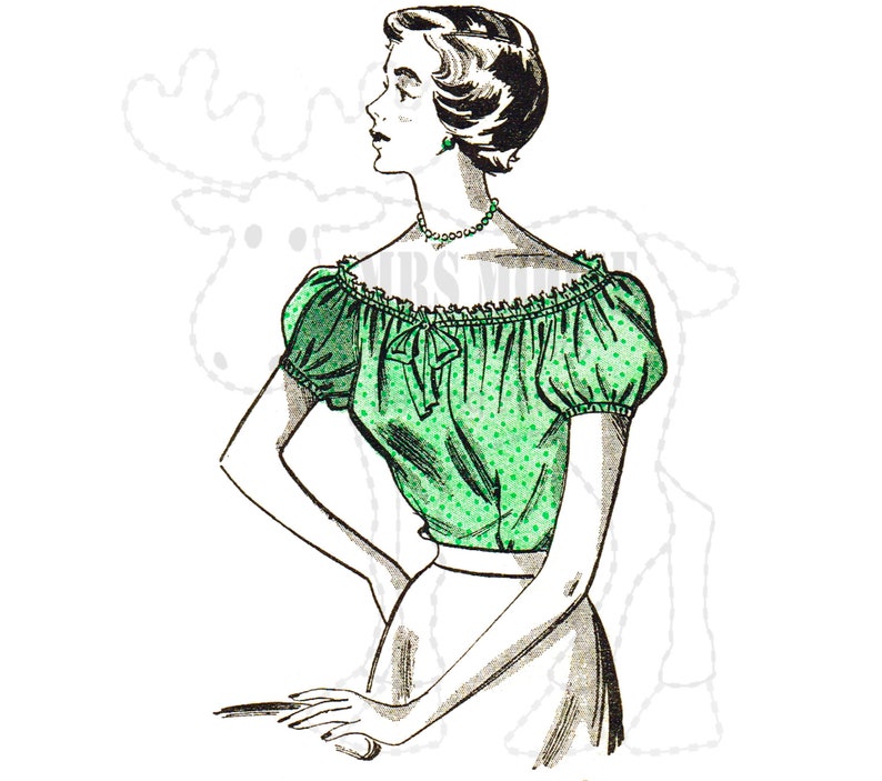 Easy 1950's Adjustable off the Shoulder Draw String Blouse With Tiny ...