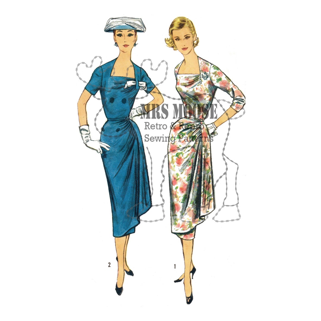 1957 Draped Front COCKTAIL DRESS With Square Neckline Bow Rockabilly ...