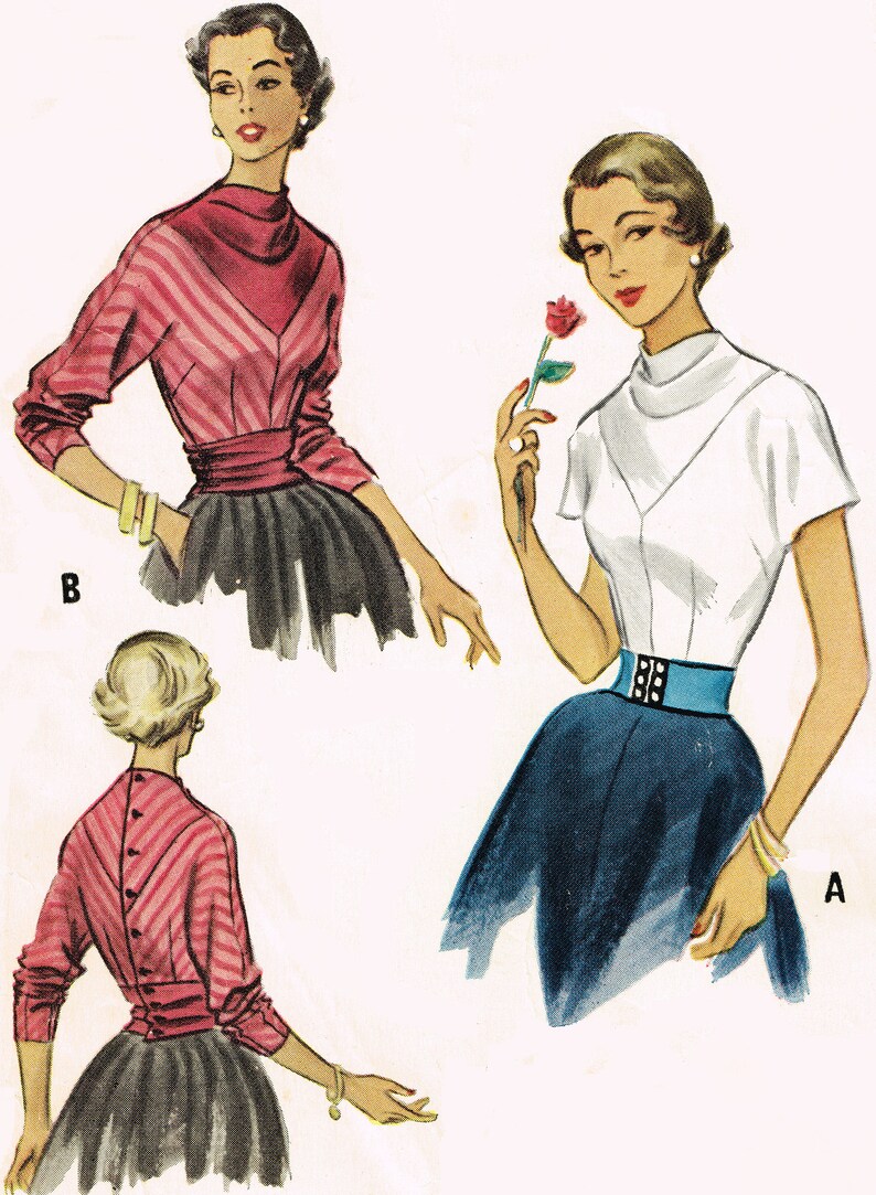 1952 Repro Sewing Pattern Cowl Neck Button Back Blouse With or Without ...
