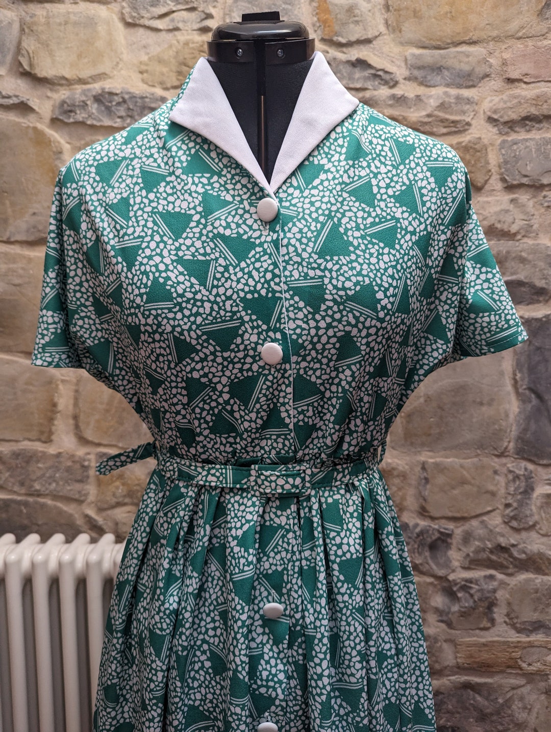 Vintage 1970's 1980's Button up Green Polyester Dress in a 50's Style ...