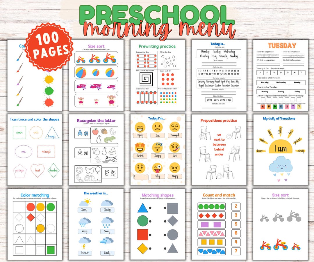100 Morning Menu Pages Printable for Preschool, Pre-k Prints, Toddler ...