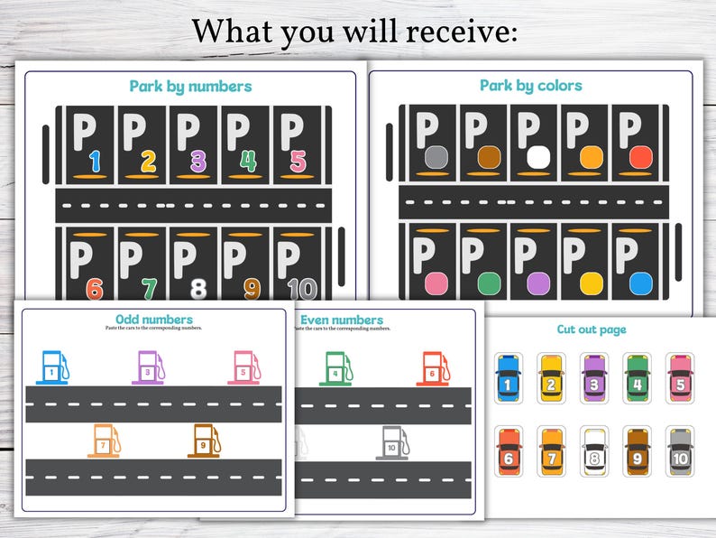Printable Activity Parking Lot Numbers Matching and Color Matching ...