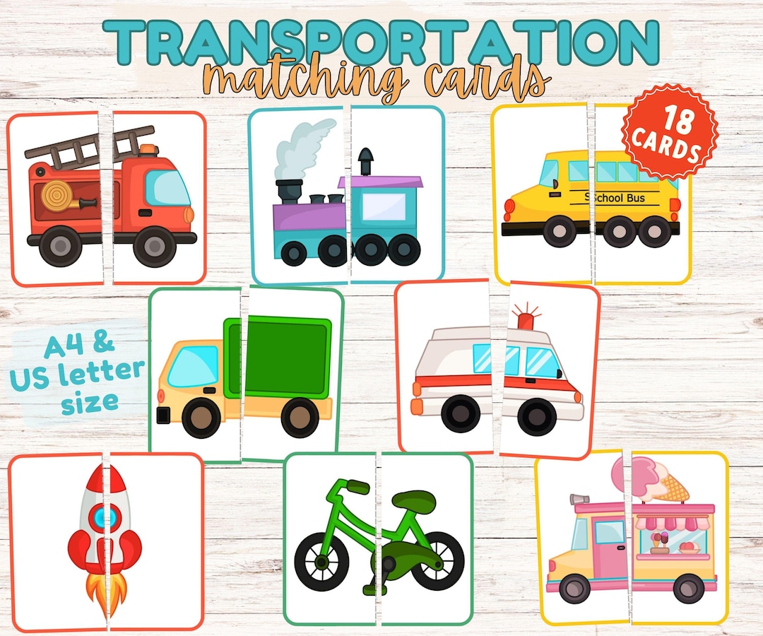 Transportation Matching Cards: Vehicle Puzzle Game, Preschool Activity ...