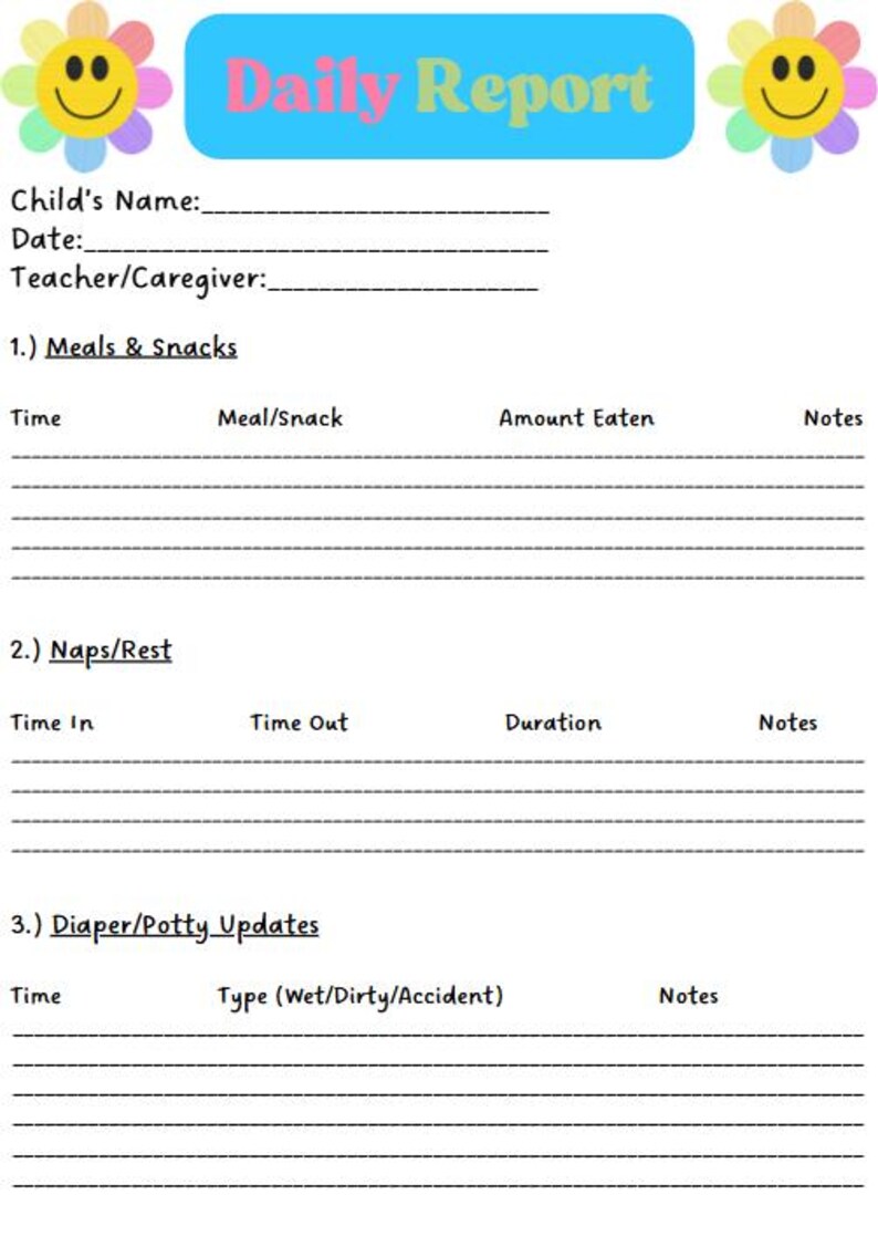 Daycare Daily Report & All About Me Printable | Child Care Forms PDF ...