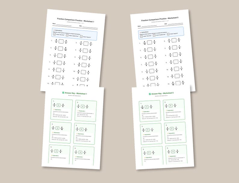 Year 3 Fraction Comparison Worksheets With Answer Keys | Compare ...