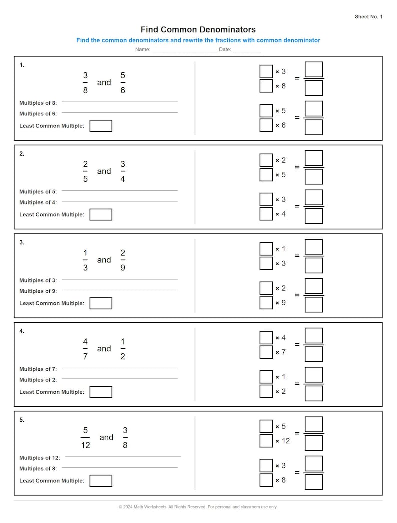 LCD Fractions Worksheets | Grades 4-6, Homeschool (PDF Download) - Etsy UK