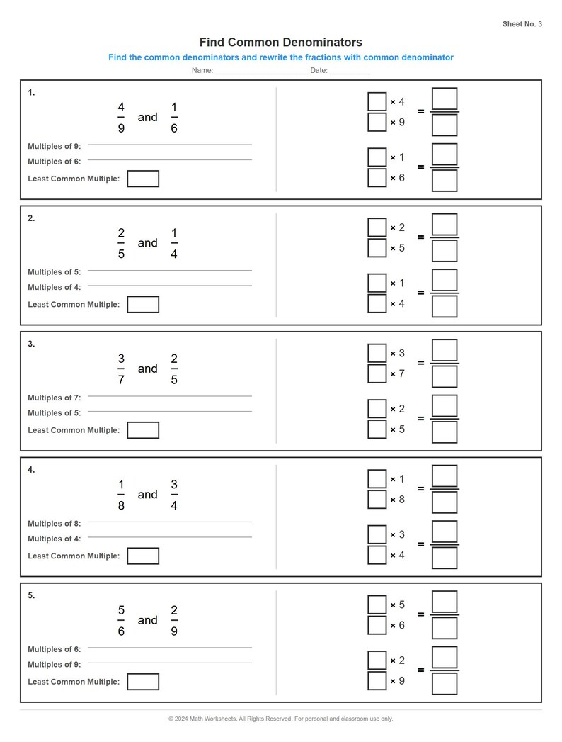 LCD Fractions Worksheets | Grades 4-6, Homeschool (PDF Download) - Etsy UK