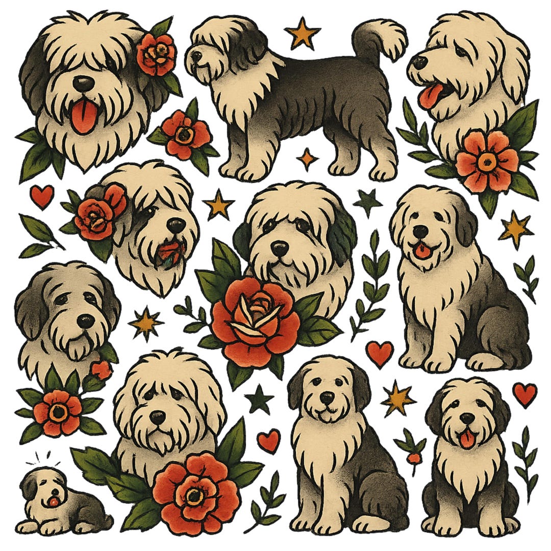 Old English Sheepdog Tattoo Flash T-shirt – Fluffy Dog Lover Retro Tee ...