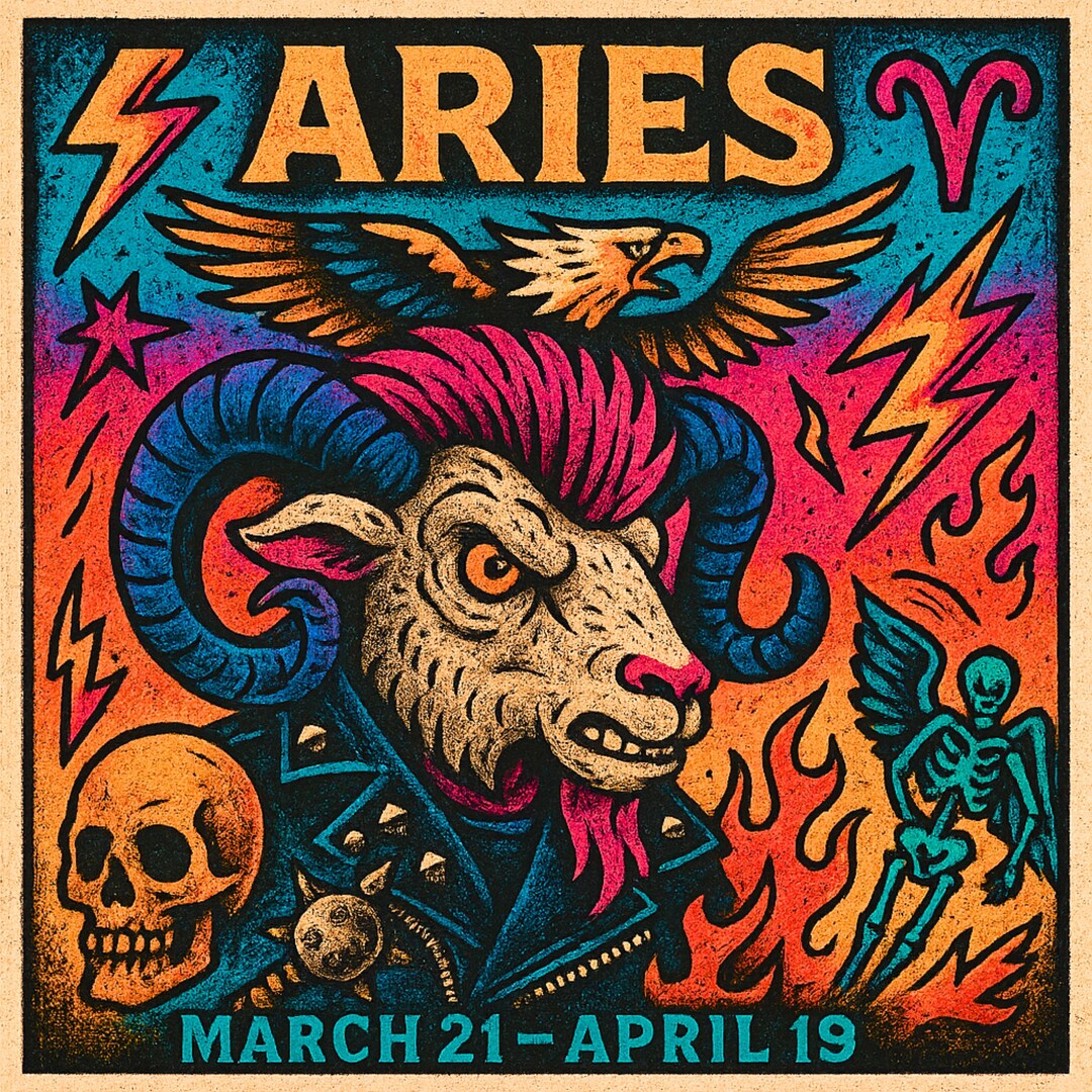 Aries Zodiac T-shirt Punk Rock Ram Skull Graphic - Vintage Tattoo Flash ...