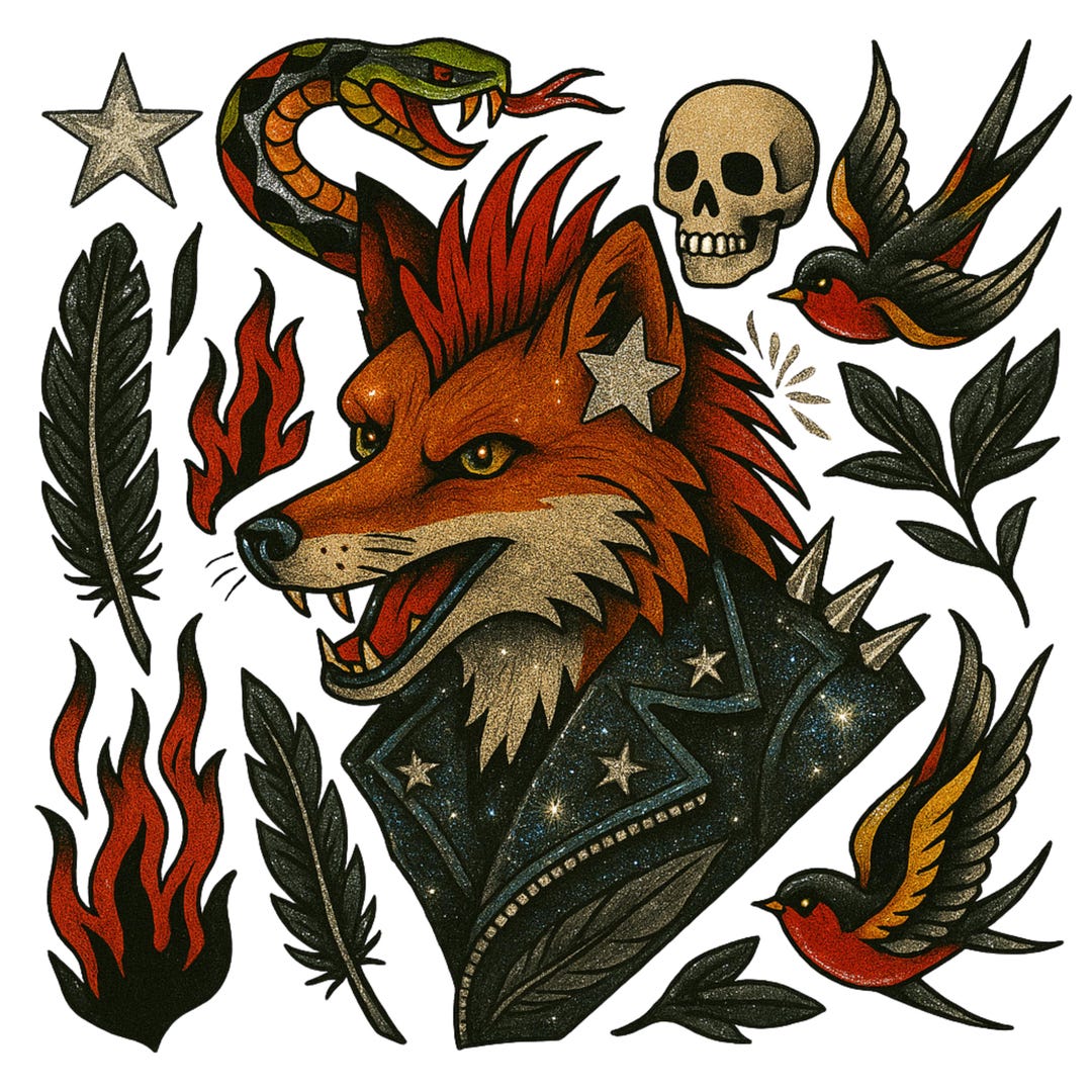 Punk Rock Fox T-shirt - Tattoo Flash Style Animal Graphic - Vintage ...
