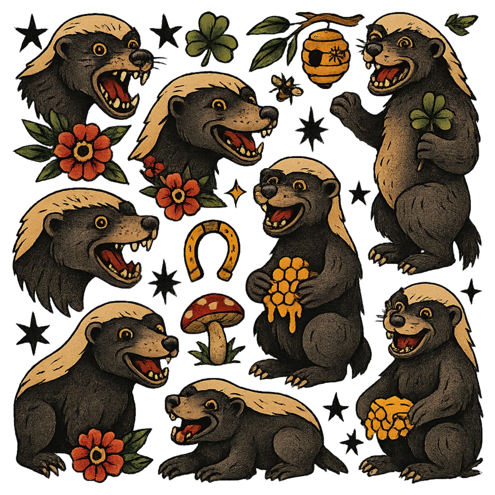 Honey Badger Tattoo Flash T-shirt - Fearless Animal Ink Style Tee ...