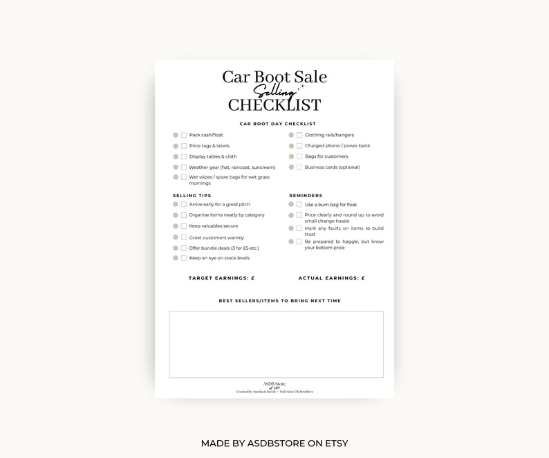 Car Boot Sale Checklist | Printable Seller Tips (PDF A4+A5) - Etsy