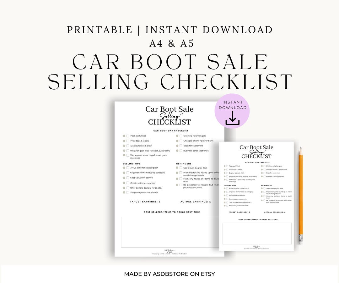 Car Boot Sale Checklist | Printable Seller Tips (PDF A4+A5) - Etsy