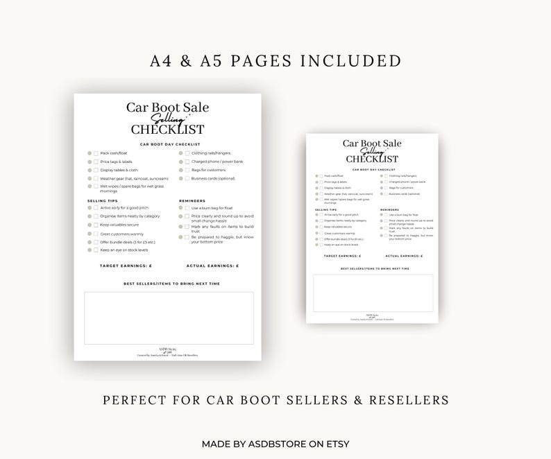 Car Boot Sale Checklist | Printable Seller Tips (PDF A4+A5) - Etsy