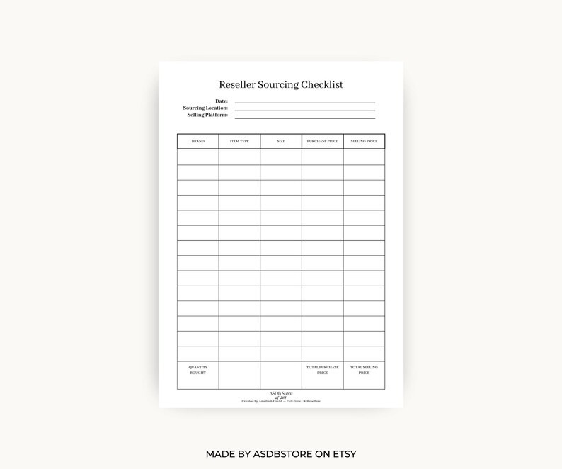 Reseller Sourcing Checklist: Thrift Store Inventory Tracker (printable ...